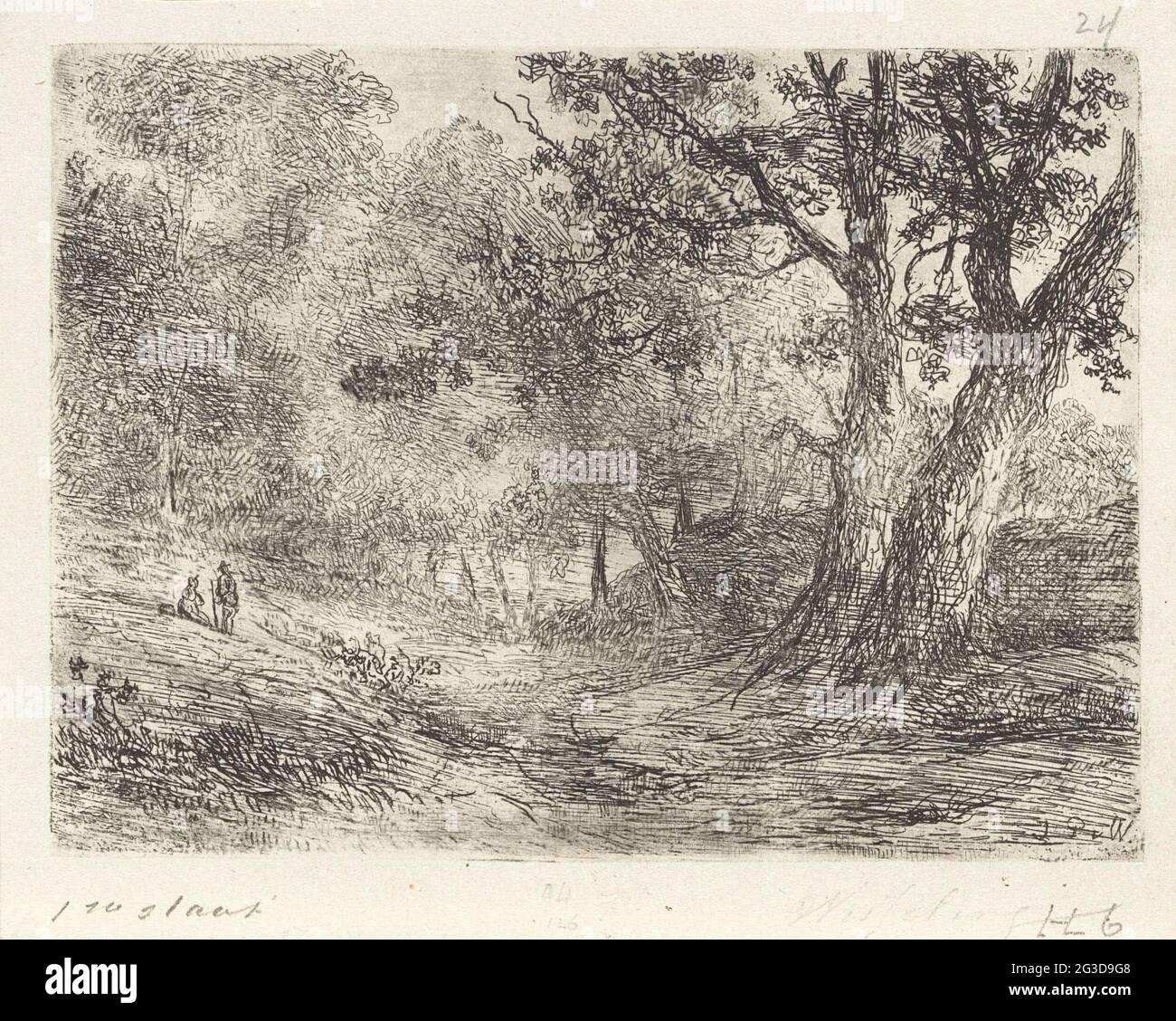 Two figures in a forest. On the left two figures on a slope in a ...