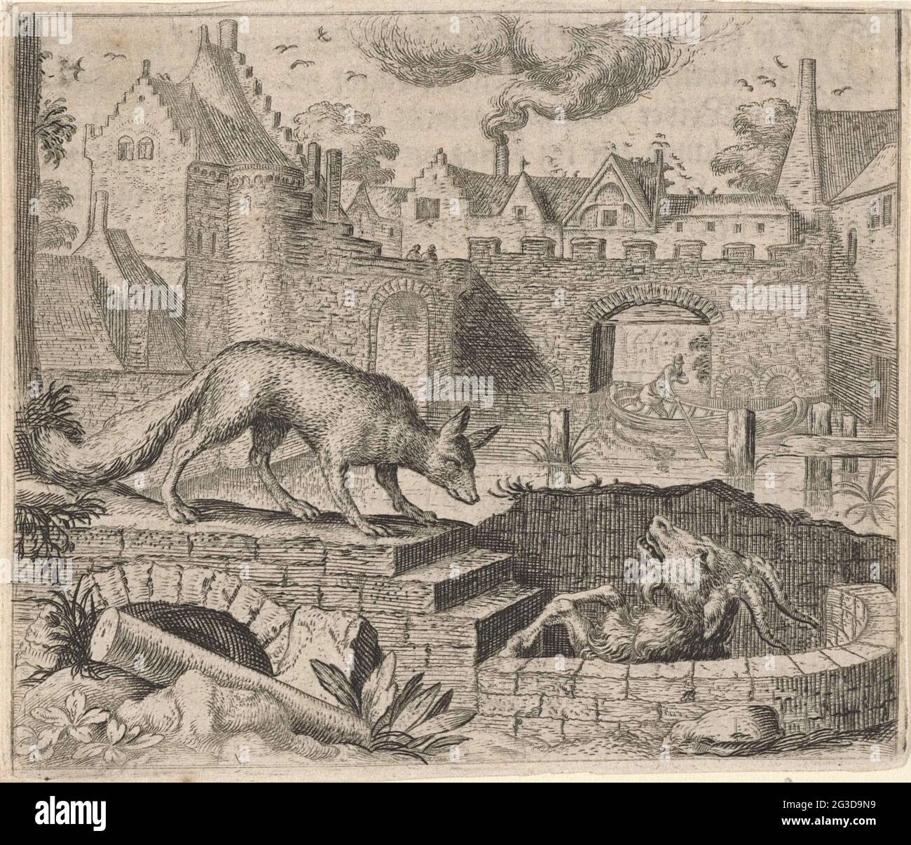 Fabel of the fox and the goat. The fox is above a basement staircase ...