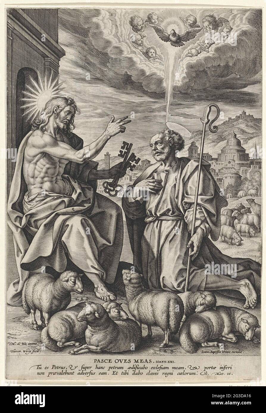 Christ hands over the keys of heaven to Peter; Pasce Oves Meas. Christ ...