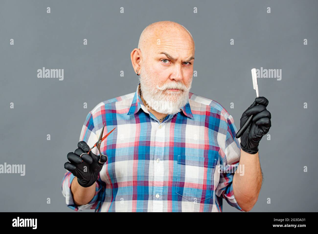 Barber with scissors and razor. Old hairdresser with barber equipment ...