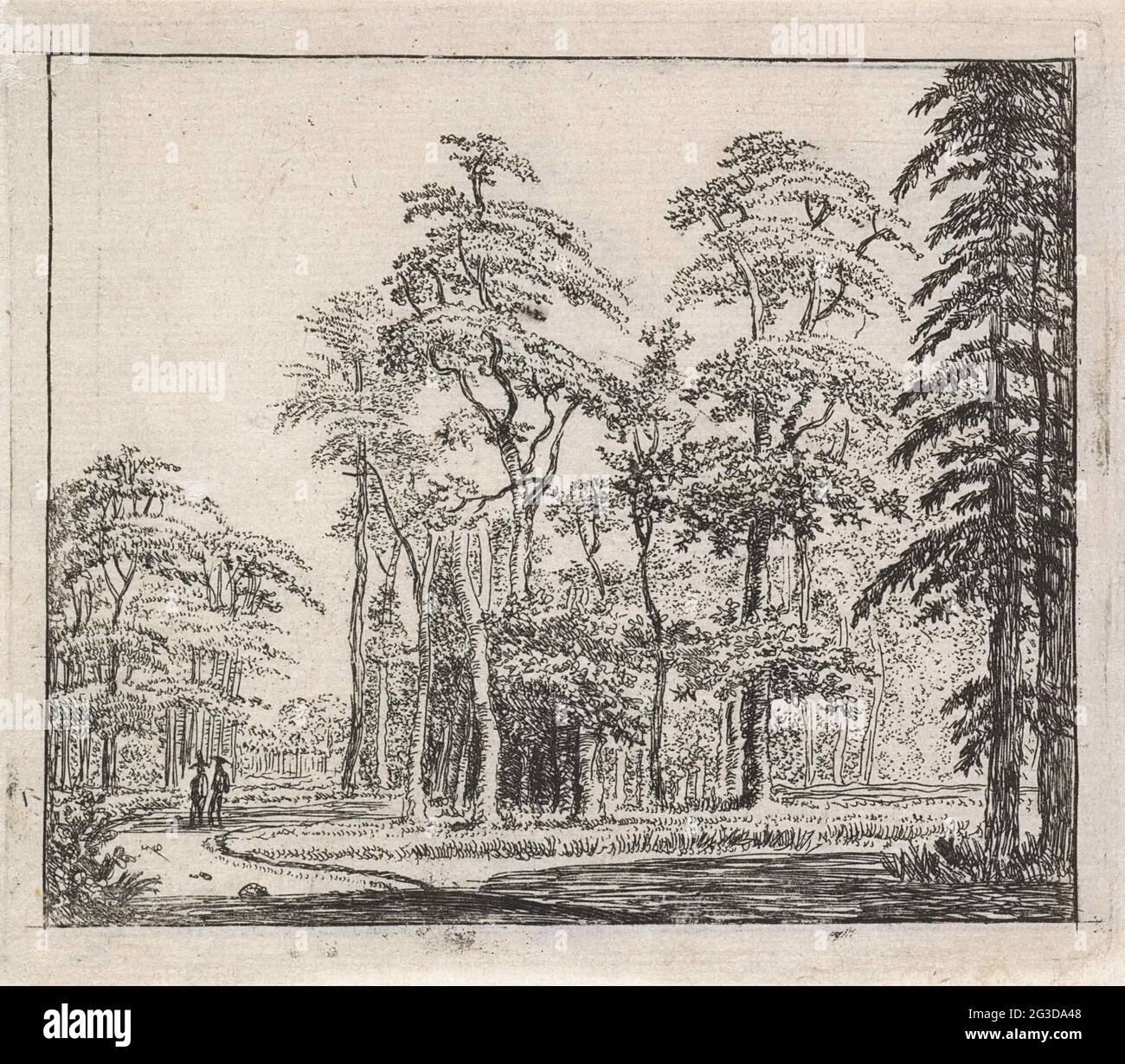 Two figures on a winding path in a forest. Two figures are walking ...