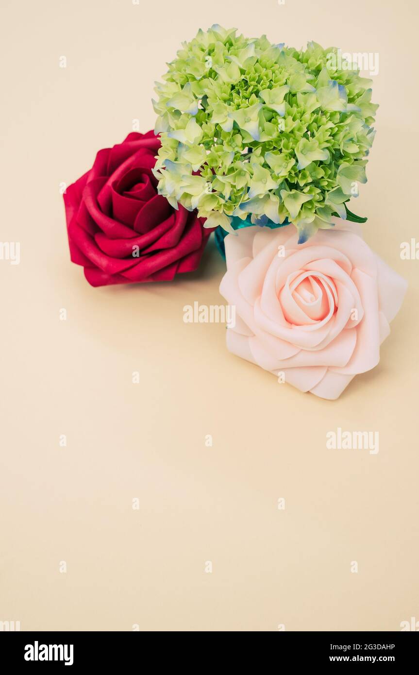 Vertical shot of french hydrangea buds with roseon a light brown ...