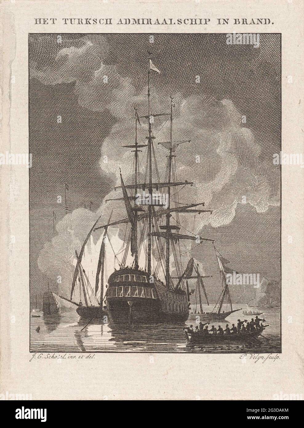 Figures in a sloop at a burning ship; The Turksch Admiral ship on fire ...