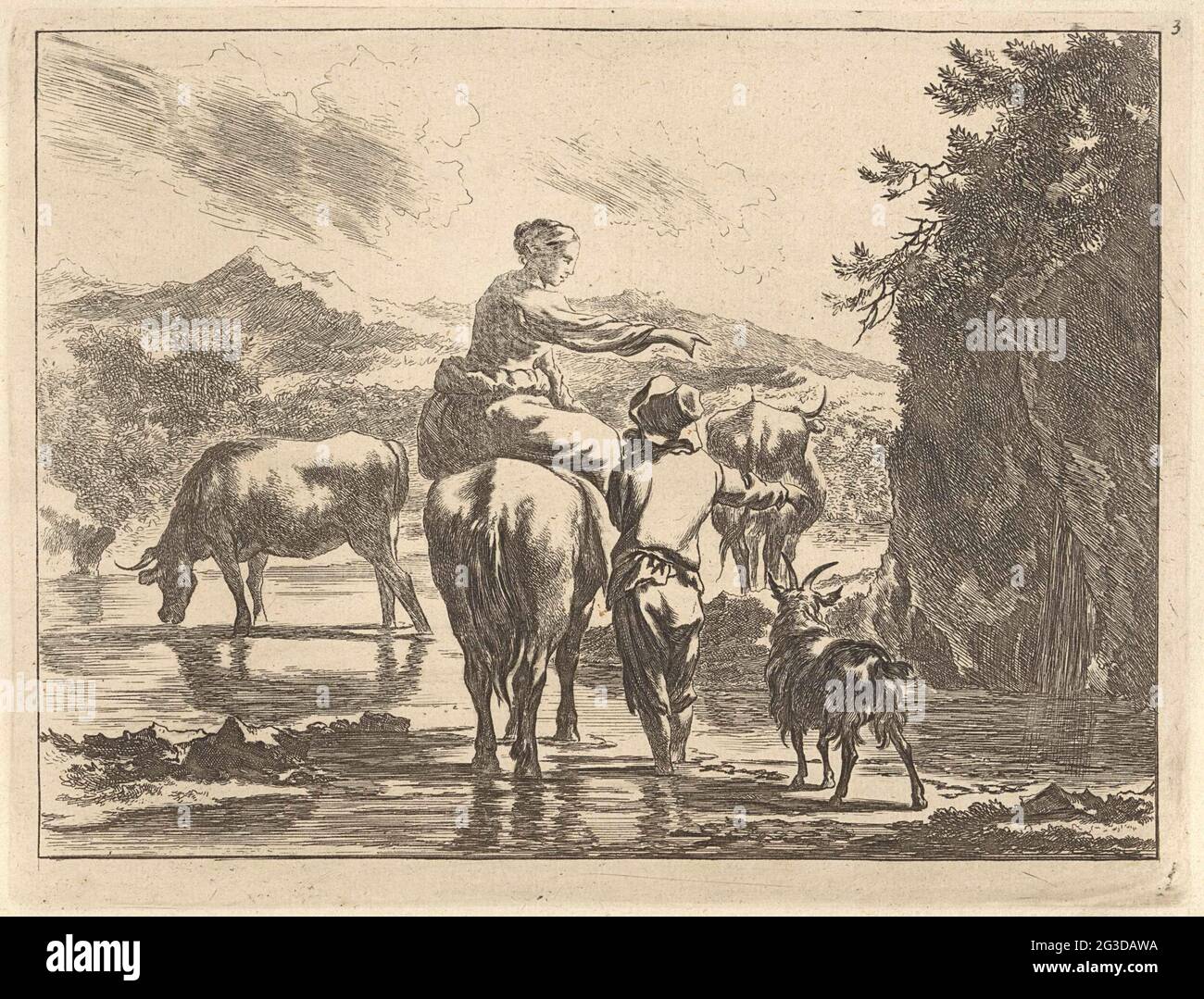 Shepherds at a waterfall; Pastoral landscapes to Berchem. A shepherdess ...