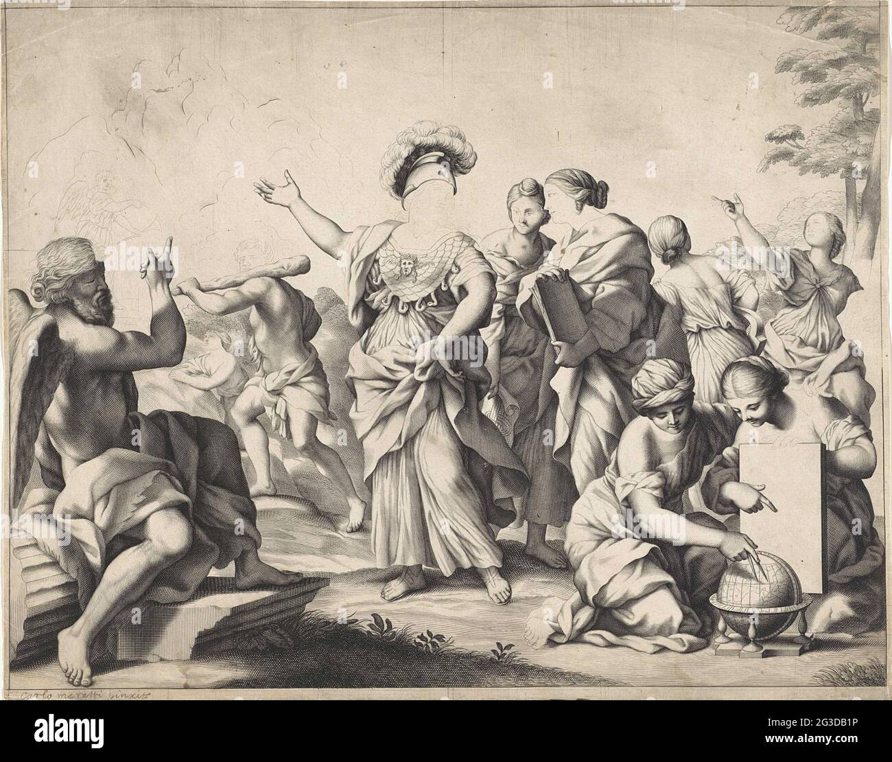 Allegory with Minerva. In the middle is Minerva. Left front is a winged ...
