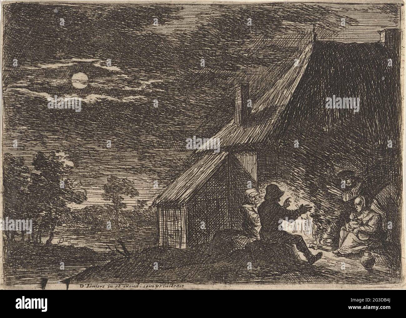 Night scene, people at the open fire. Farmers next to a farm at a fire ...