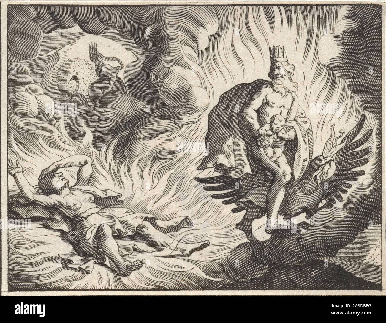 Birth of Bacchus. Jupiter with crown on the head and next to him his ...