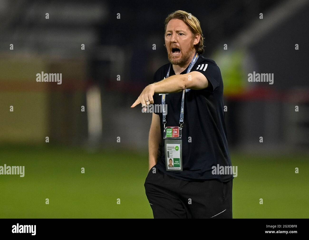 Doha, Qatar. 15th June, 2021. Head coach Jamie Day of Bangladesh reacts ...
