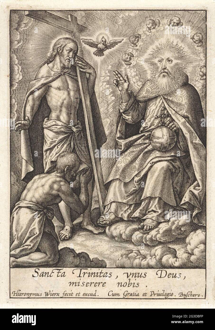 Holy Trinity. A man kneels for the holy trinity in heaven. God the ...