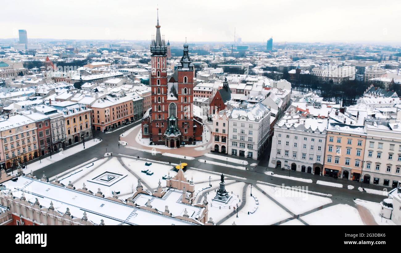 Aerial view of the Twin towers of the Basilica of Saint Mary. Krakow’s ...