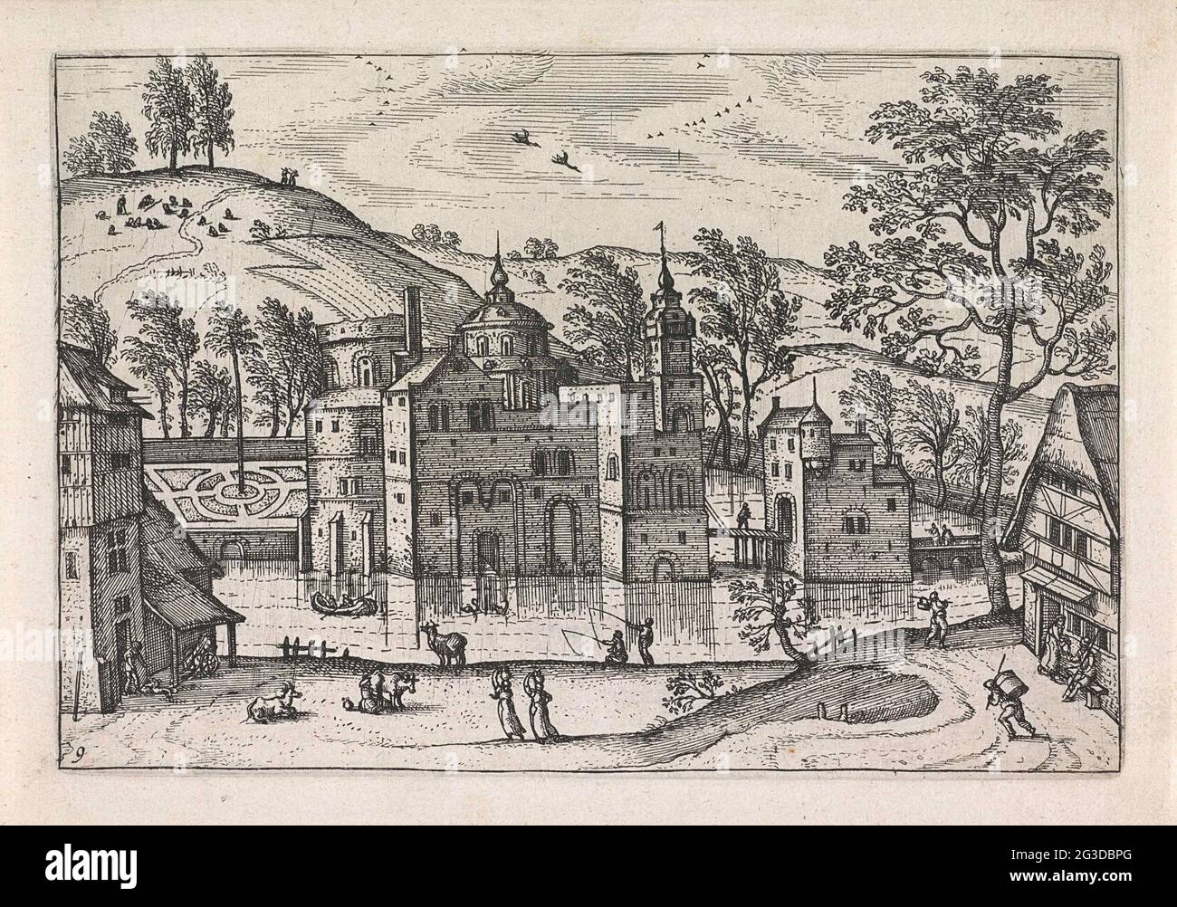 Landscape with a castle surrounded by water; Small landscapes. Hilly ...
