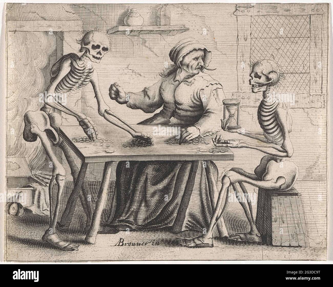Old woman with two skeletons at the table. An old woman is sitting at a ...