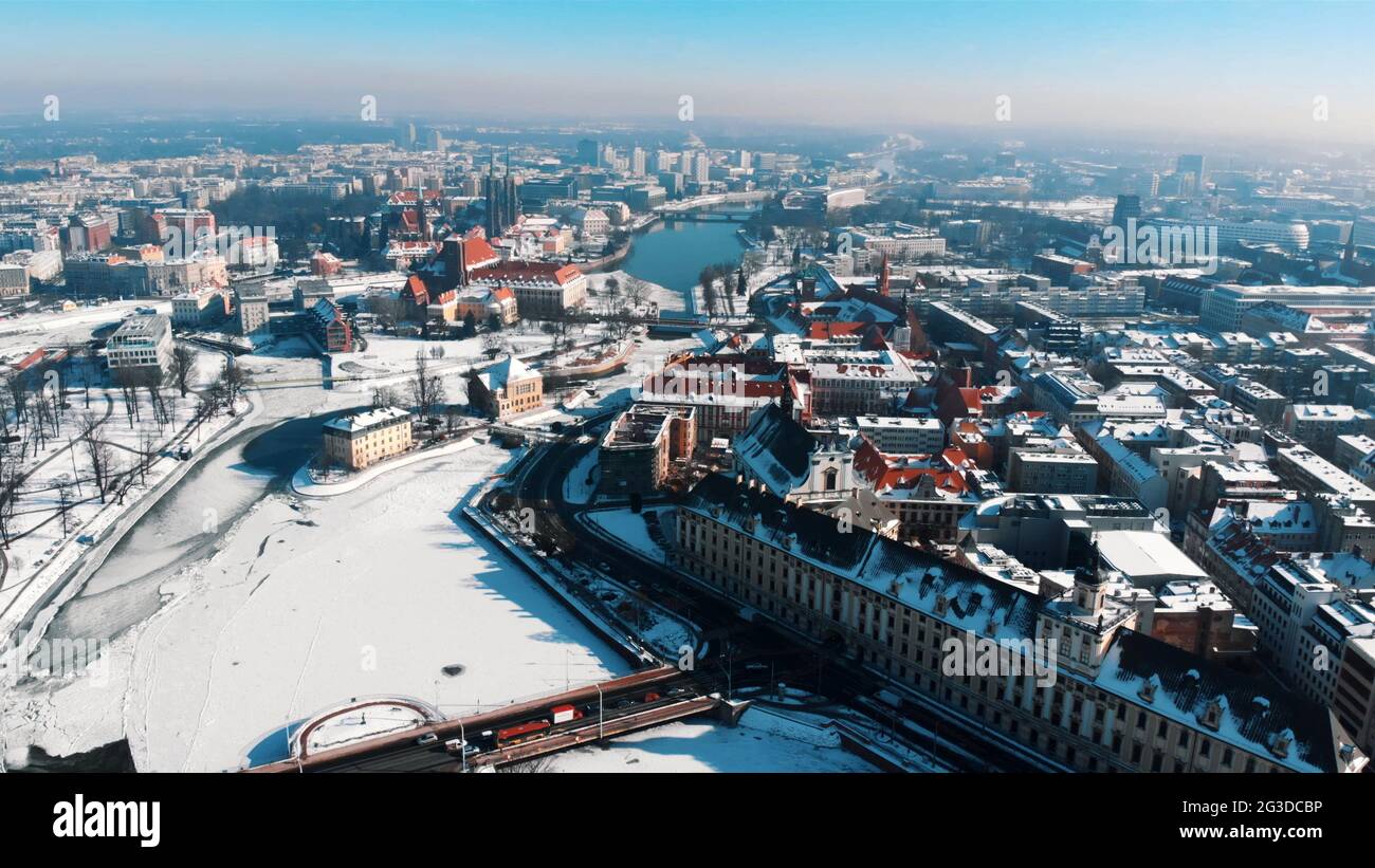 Wroclaw, Poland 02.15.2021 - Aerial View of Snow-covered street in the ...
