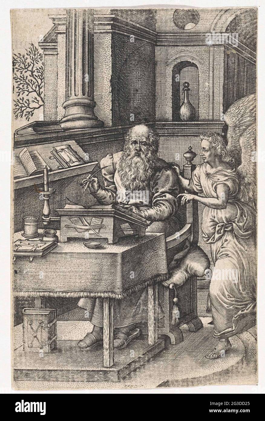 Evangelist Matthew. The Evangelist Matthew in his study room. His angel ...