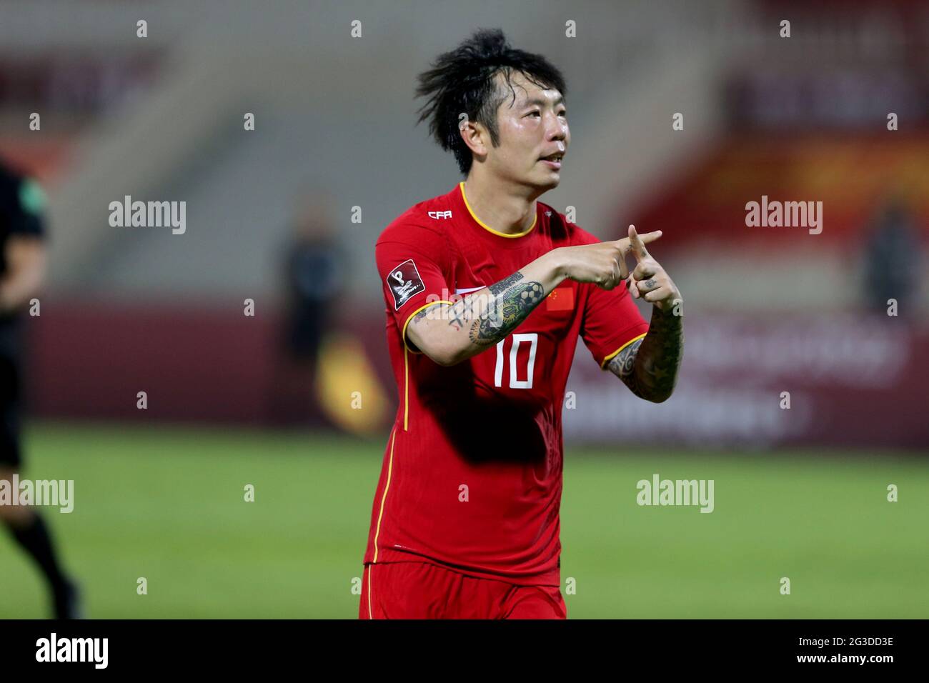 Sharjah. 16th June, 2021. Zhang Xizhe of China celebrates his goal ...