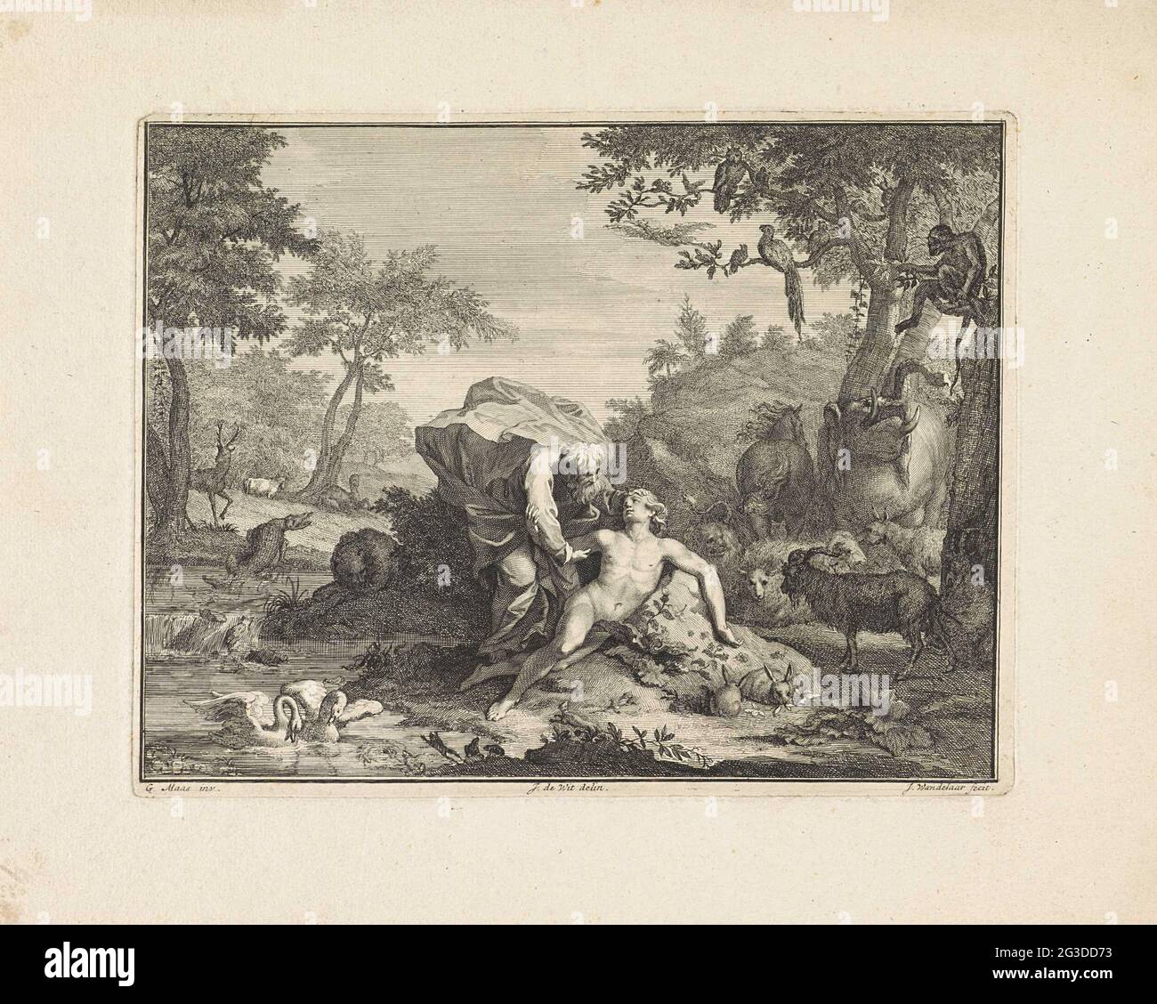 Creation of Adam. Adam lies on a stone in God in the Hof van Eden, who ...