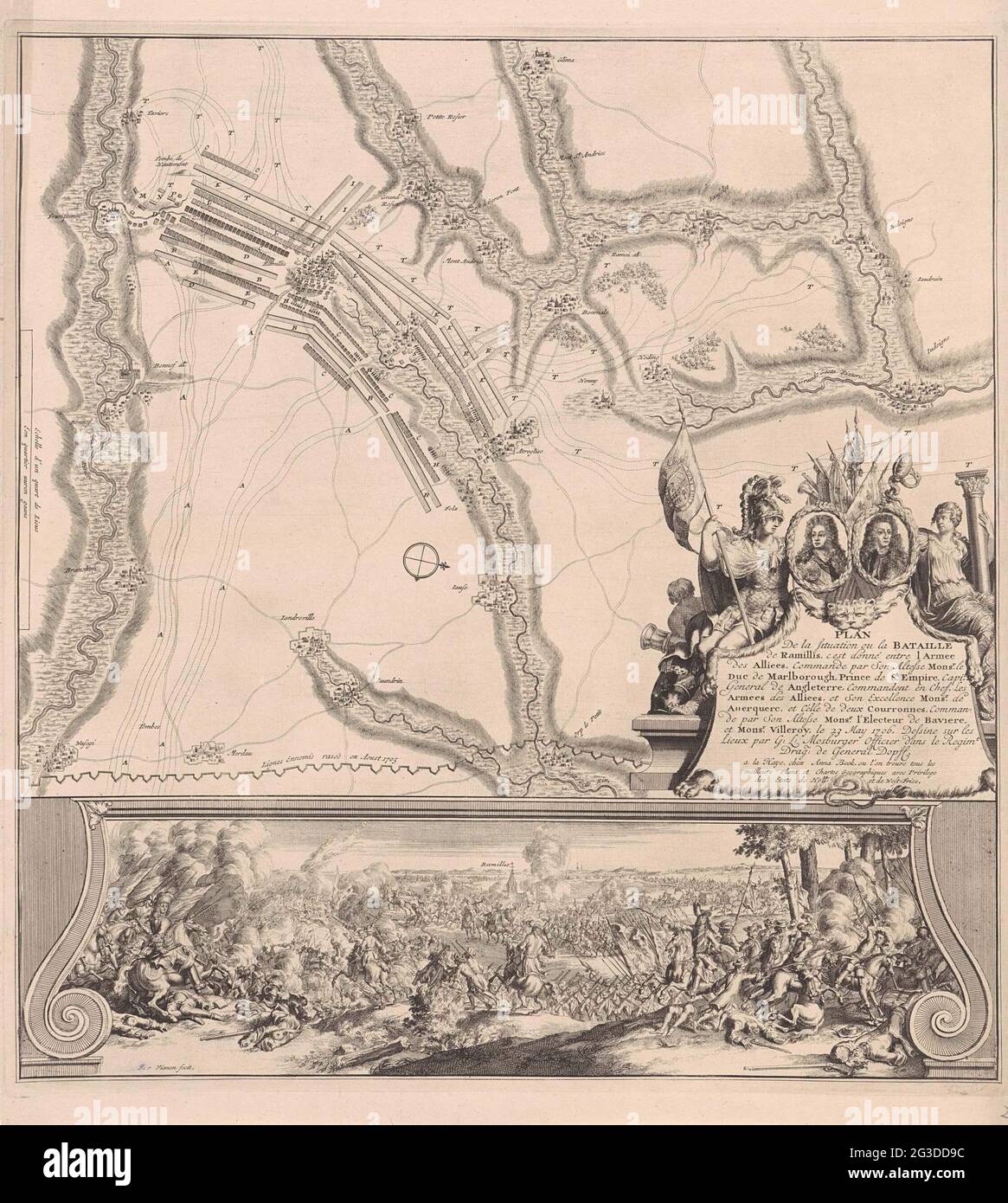 Map and illustration of the Battle of Ramillies, 1706; Plan De La ...
