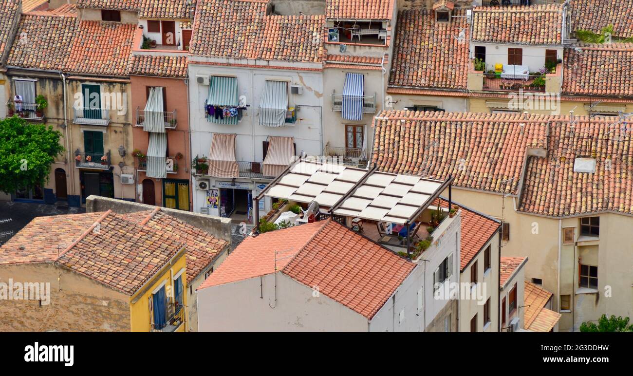 A birds view of roofs of the old houses in Cefalu, Sicily, Italy Stock ...