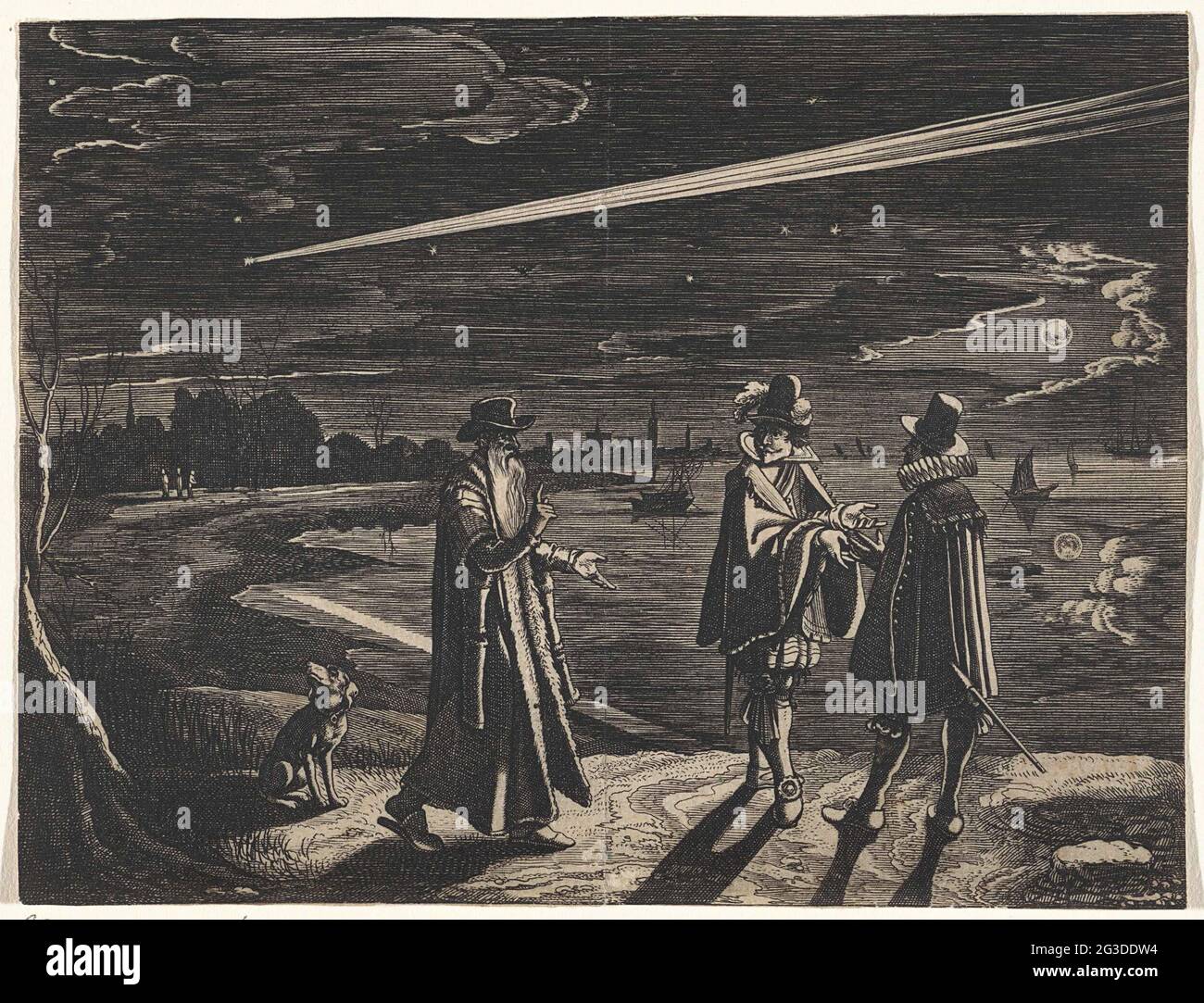 The appearance of a comet in November 1618. Night presentation with a ...