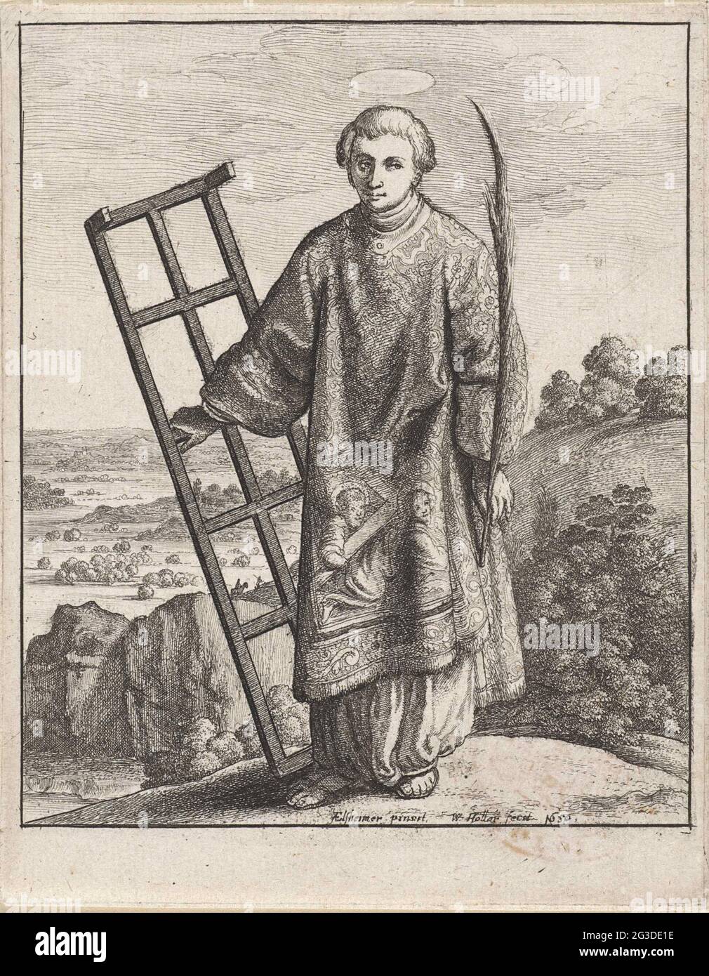 H. Laurentius. Saint Laurentius with grid in a sloping landscape Stock ...