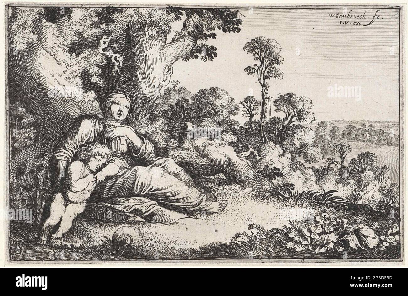 Hagar and Ismaël in the desert. Hagar rests at the foot of a thick tree ...