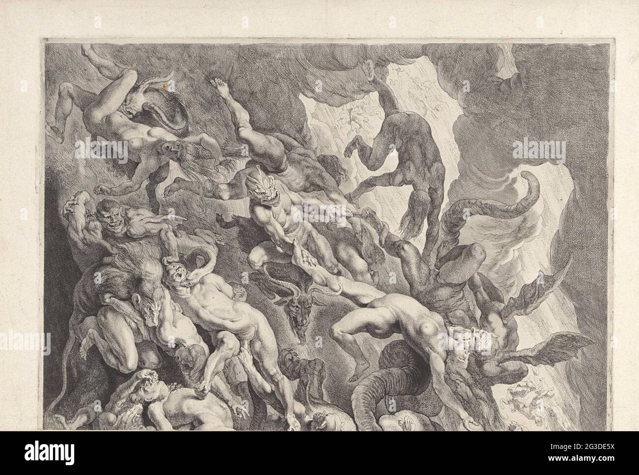 The fall of the damned (upper plate). Angels throw the damned in hell ...