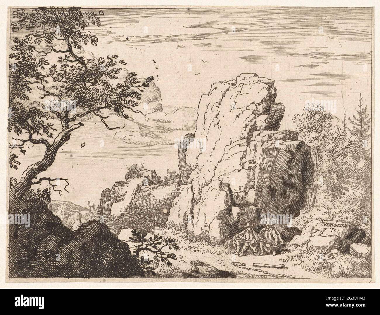 Landscape with two men sitting at the foot of a rock Stock Photo - Alamy