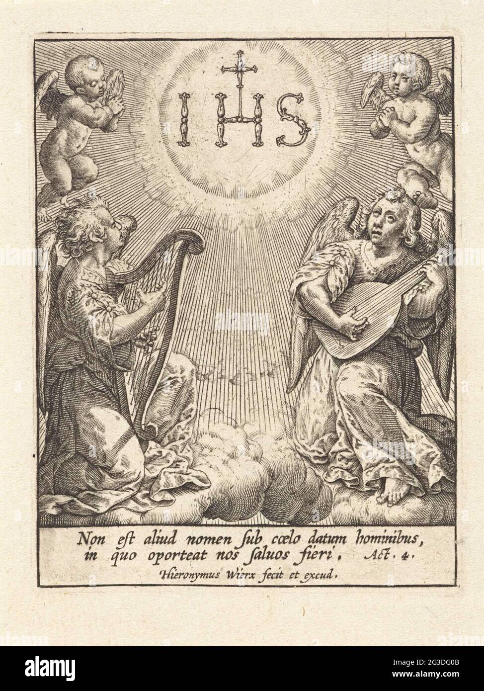 Worship of the name of Christ. Four angels, two of whom makes music ...