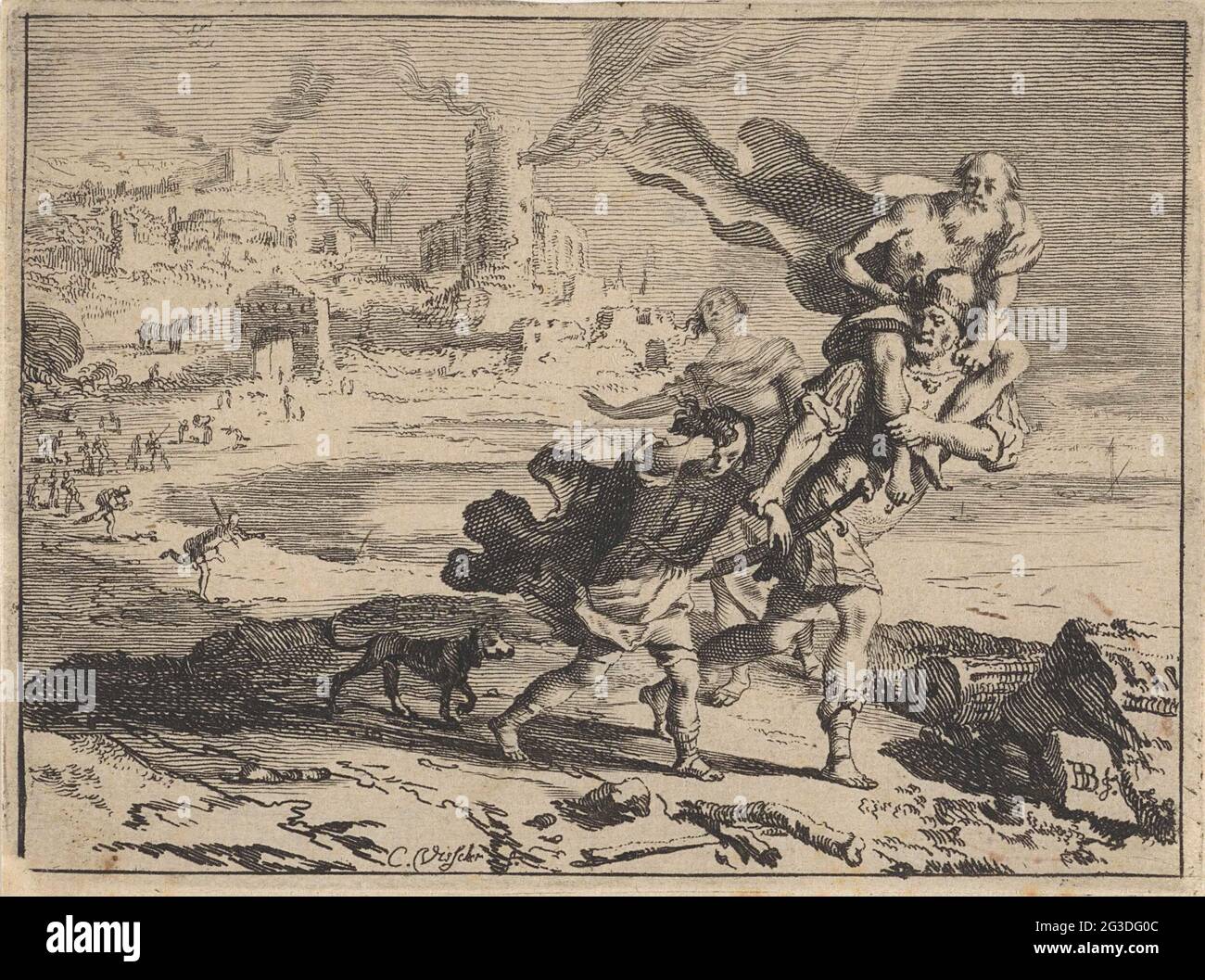 Aeneas flight with his family from Troy. Aeneas along with his father ...