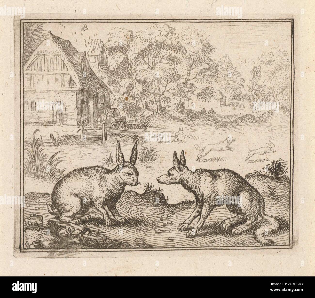 Fabel of the fox, the dog and the hare. In the foreground a fox and a ...