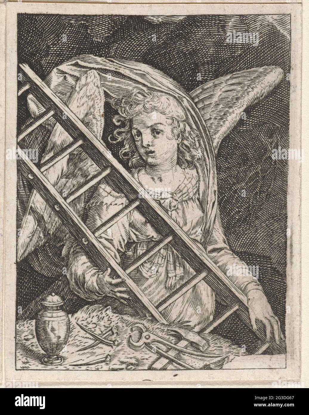 Angel with ladder, hammer, nails and ointment Stock Photo - Alamy