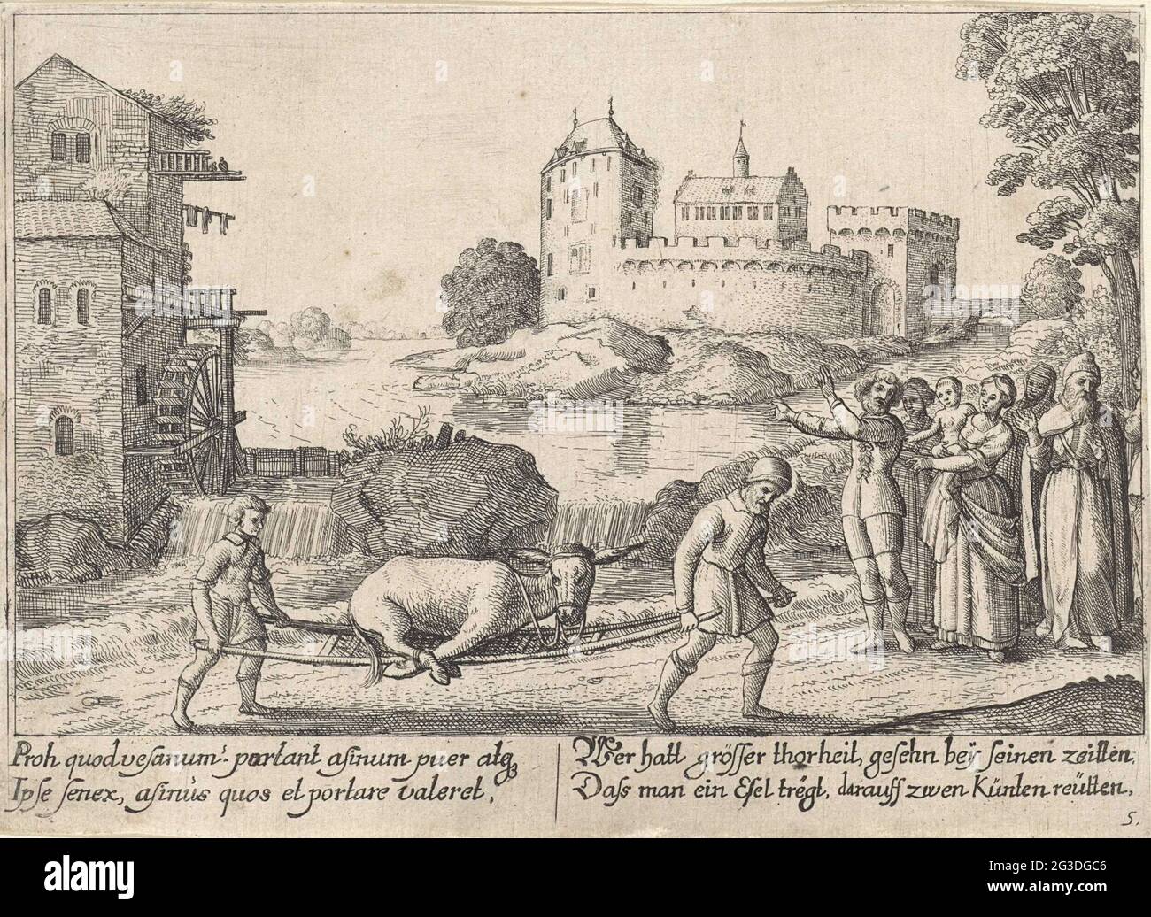 Fabul of the farmer and his donkey; The farmer and his son carry the ...