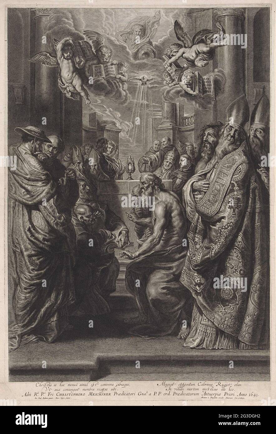 Church fathers. The church fathers around an altar on which a Monstrans ...