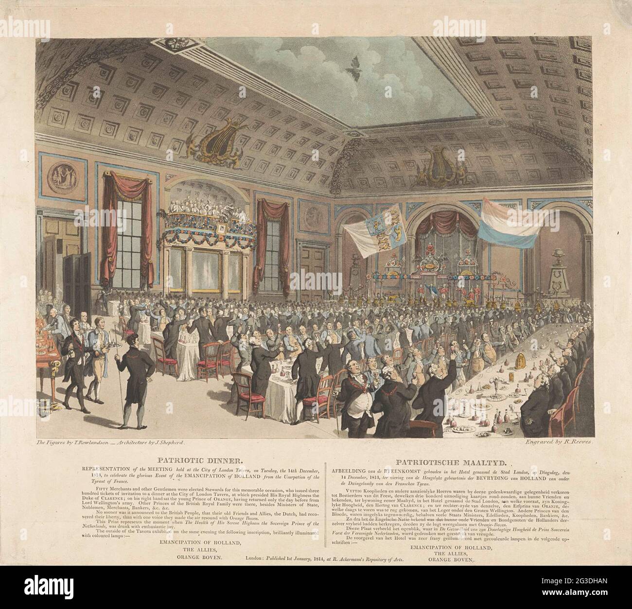 Patriotic meal in London, 1813; Patriotic dinner. Representation of the ...