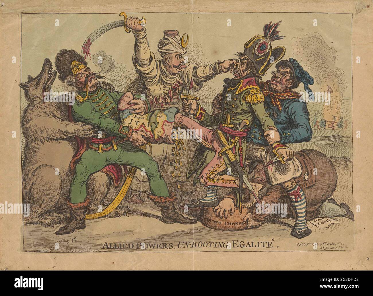 Cartoon on Napoleons defeats in 1799; Allied-Powers, un-boot-ing ...