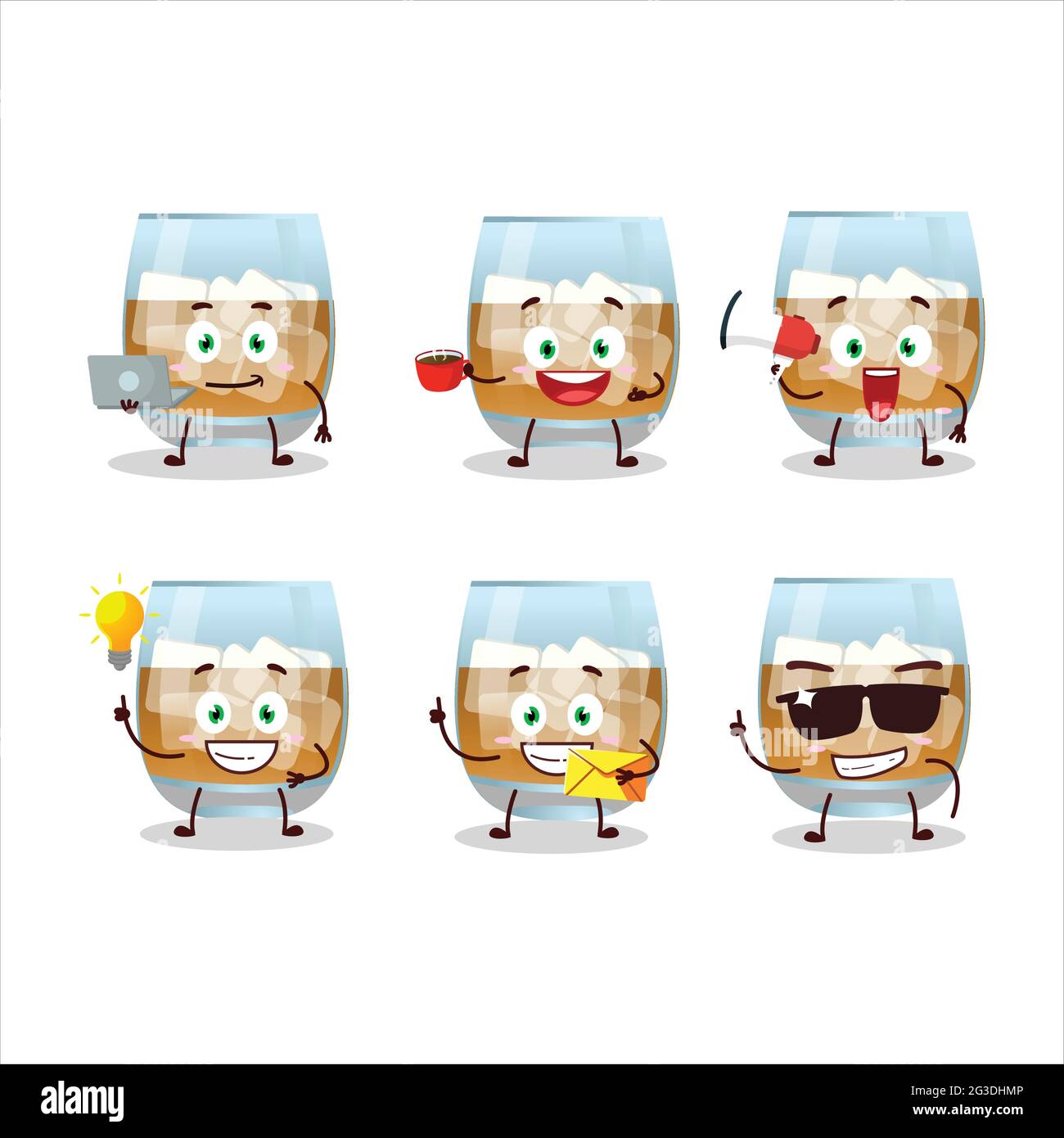Rum drink cartoon character with various types of business emoticons ...