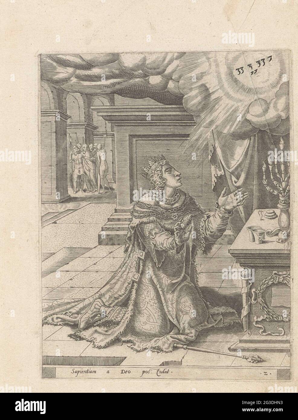 Solomon prays to God for wisdom; Story of Solomon. King Solomon kneels ...