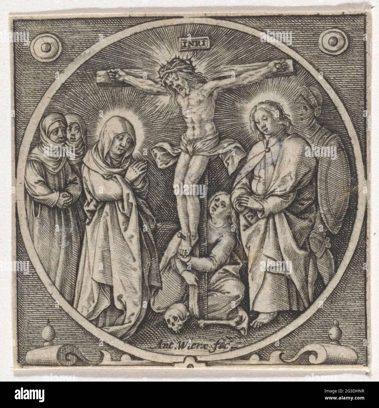 Crucifixion of Christ. Christ on the cross. Left Maria and two holy ...