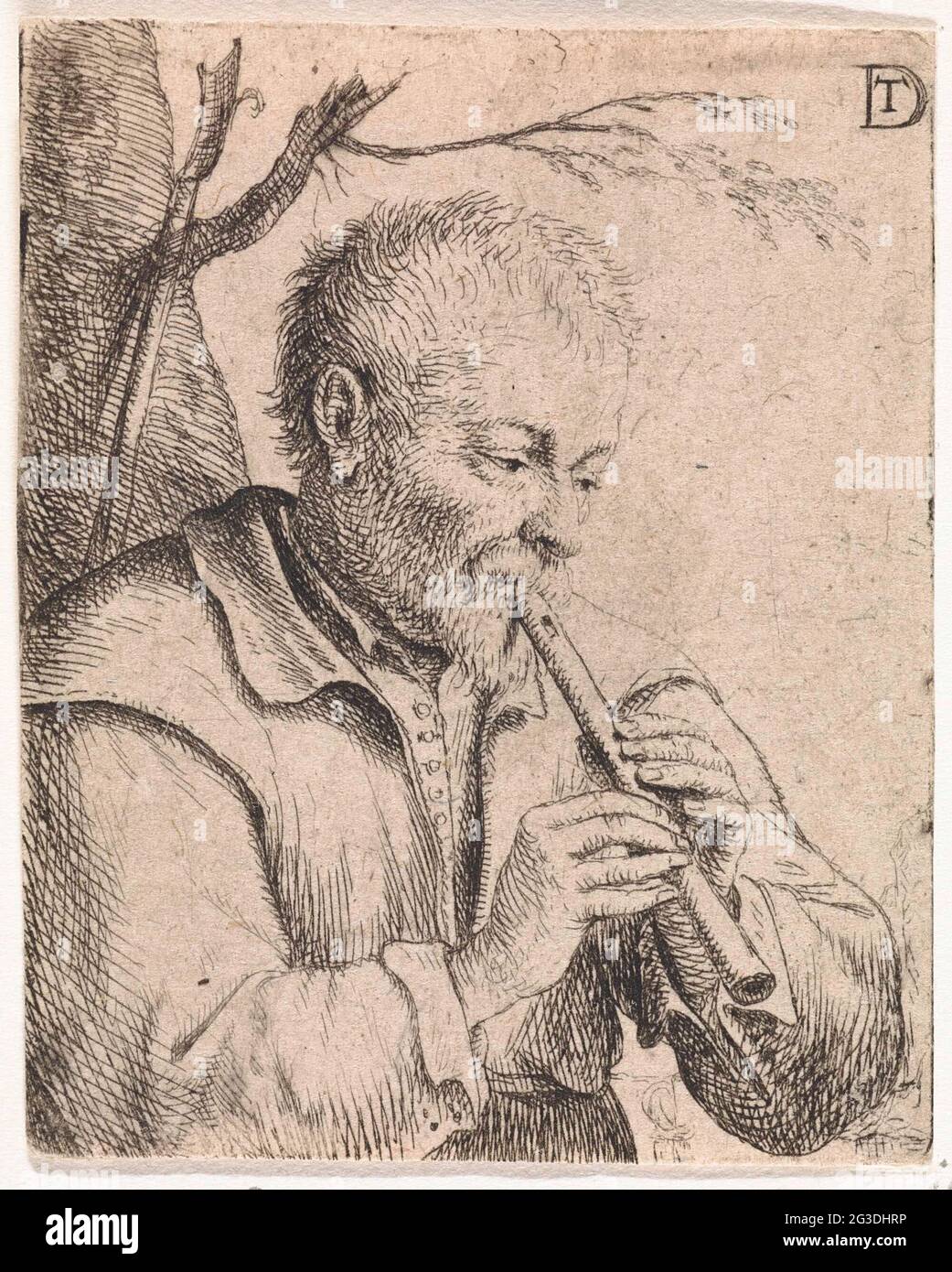 Hearing; The five senses. A man blows on the flute. Personification of ...