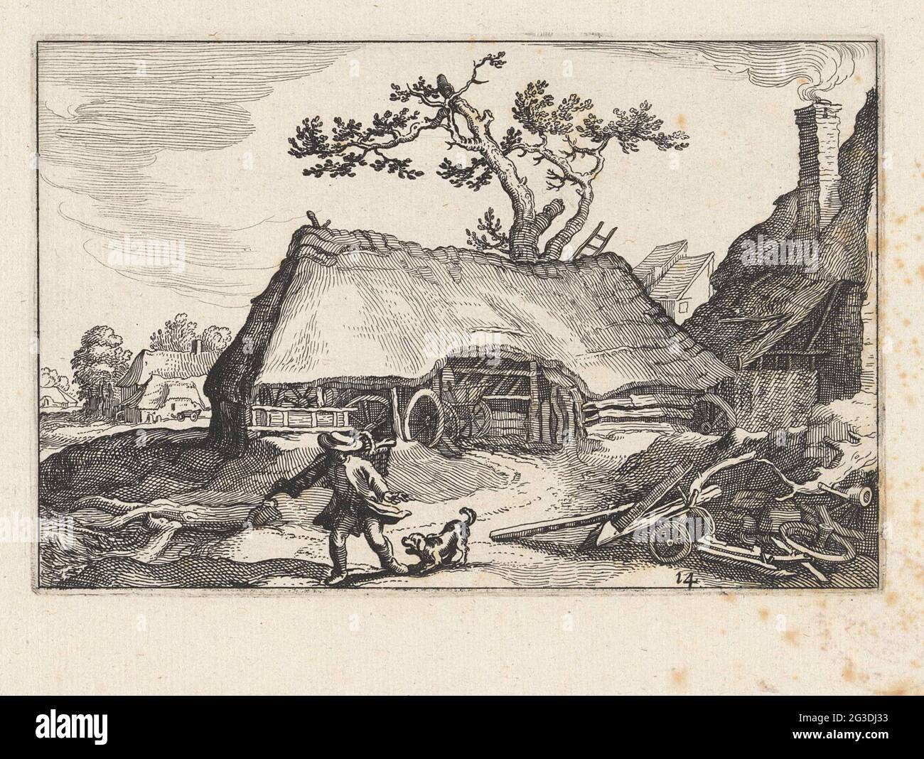 Barking dog at a farm; Landscapes with farms. View of a landscape with ...