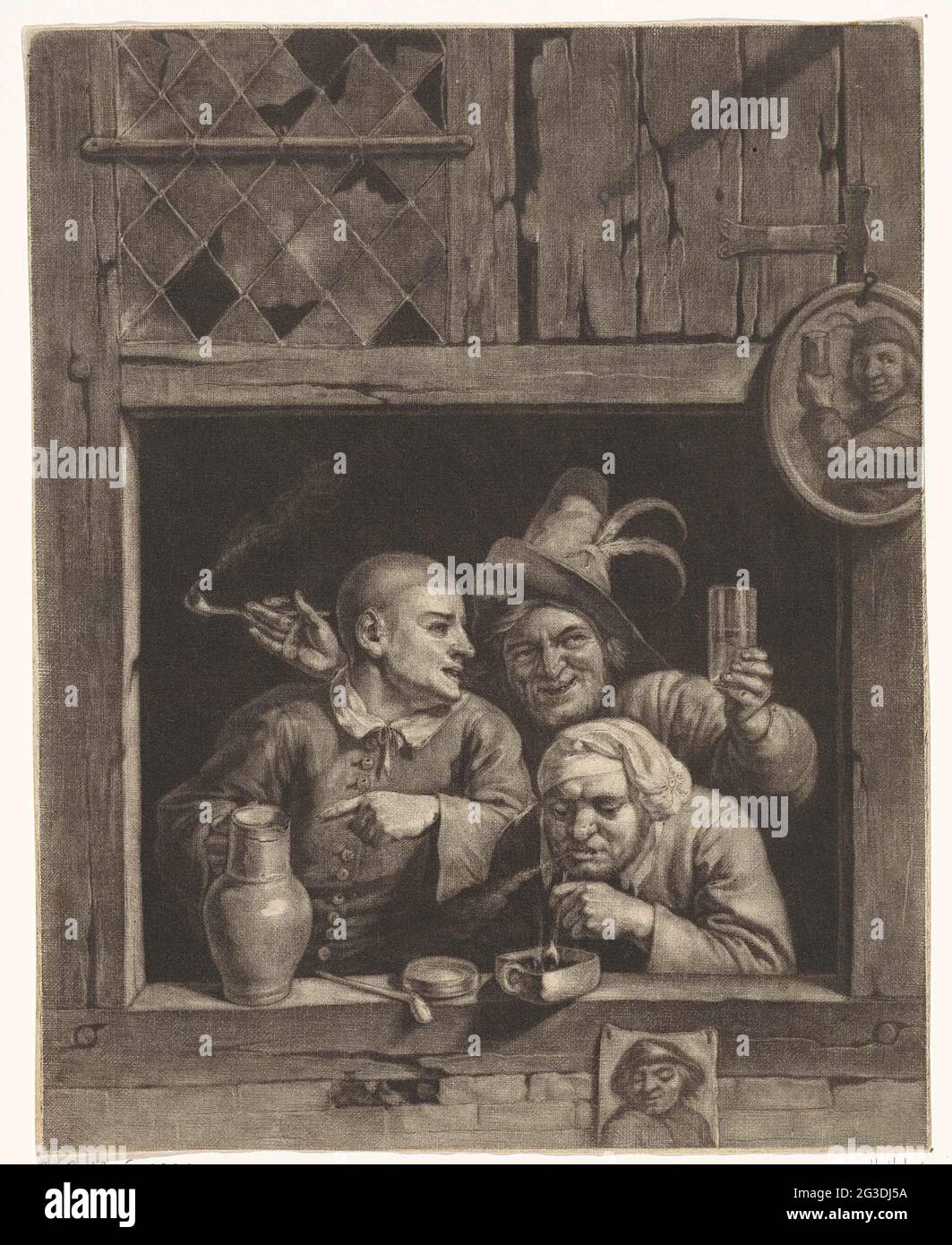 Three smokers behind an open window. Three drinking and smoking men ...