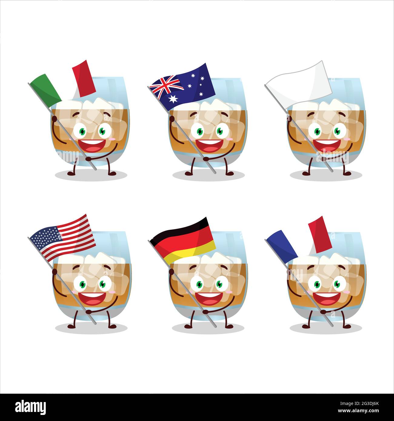 Rum drink cartoon character bring the flags of various countries ...