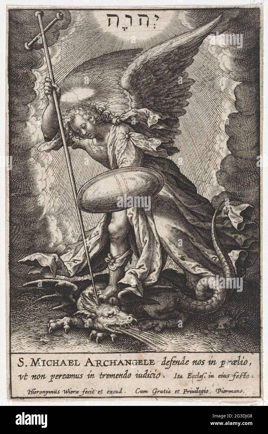 Michaël beats the dragon. The Archangel Michaël is on the dragon and ...