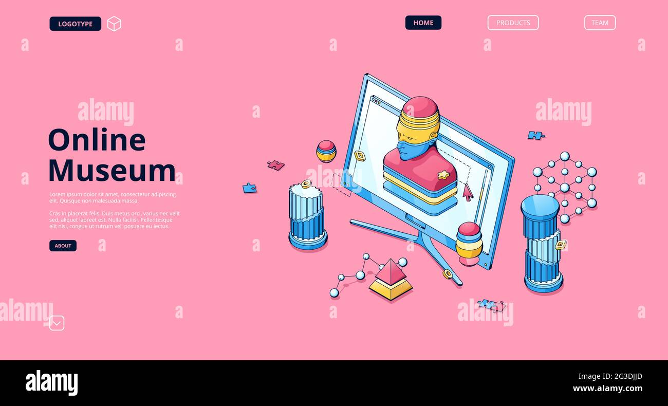 Online museum isometric landing page. Virtual exhibition digital tour ...