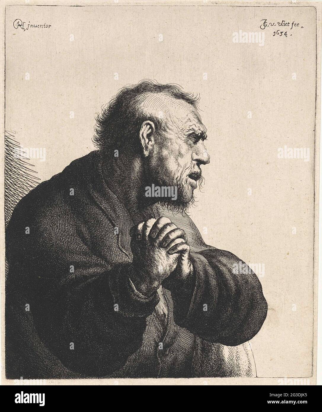 Grieving man; Tronies to Rembrandt. A mourning man with the hands of ...