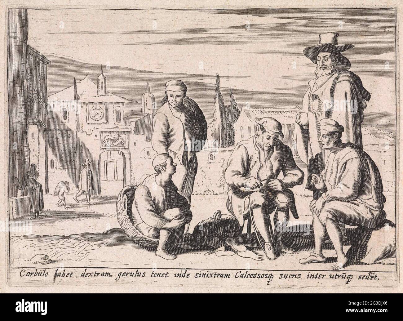 Shoemaker; Italian craftsmen and sellers. Men stand around a shoemaker ...