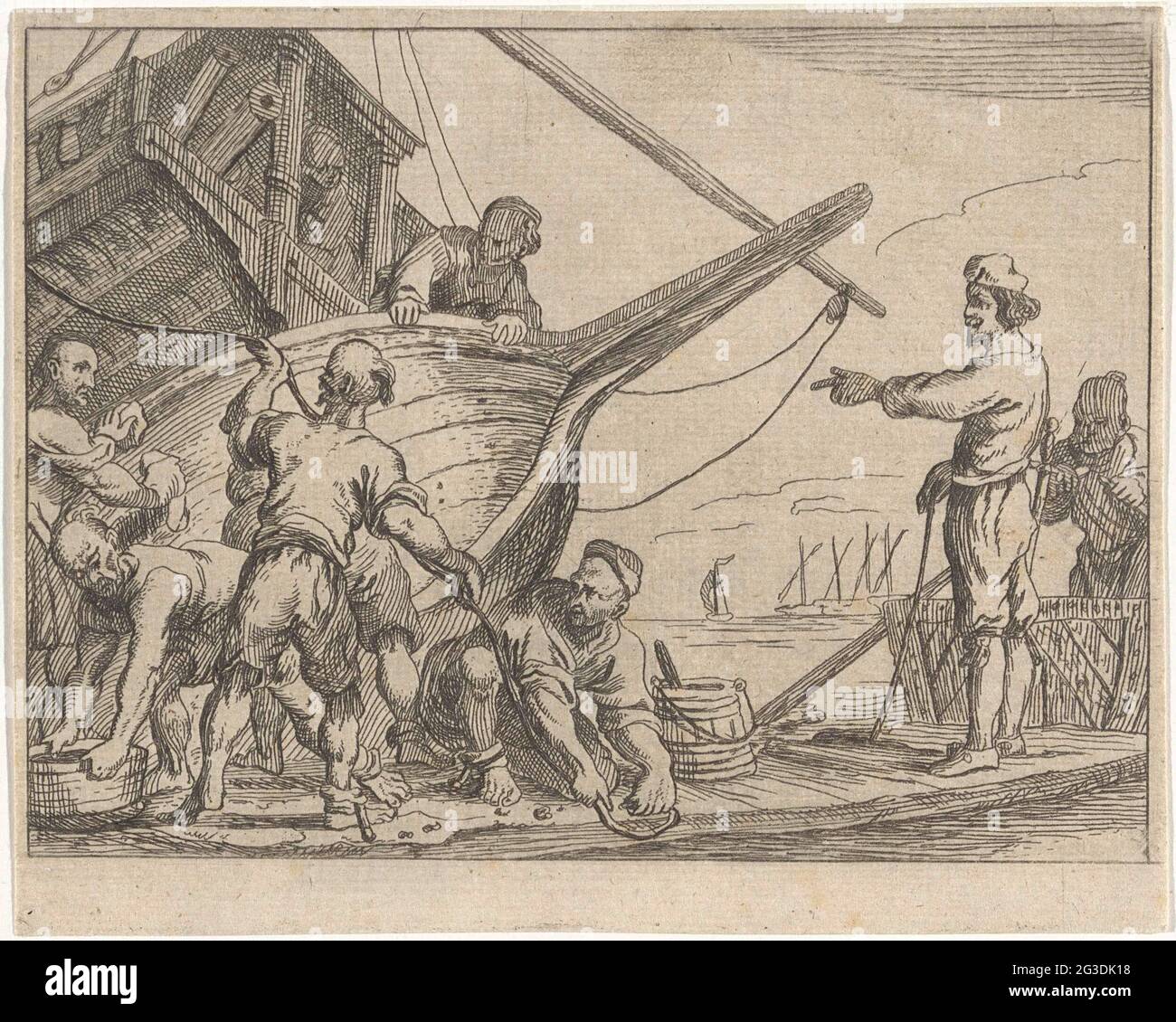 Slaves at work at a ship; Havent scenes. Left is a ship for anchor ...