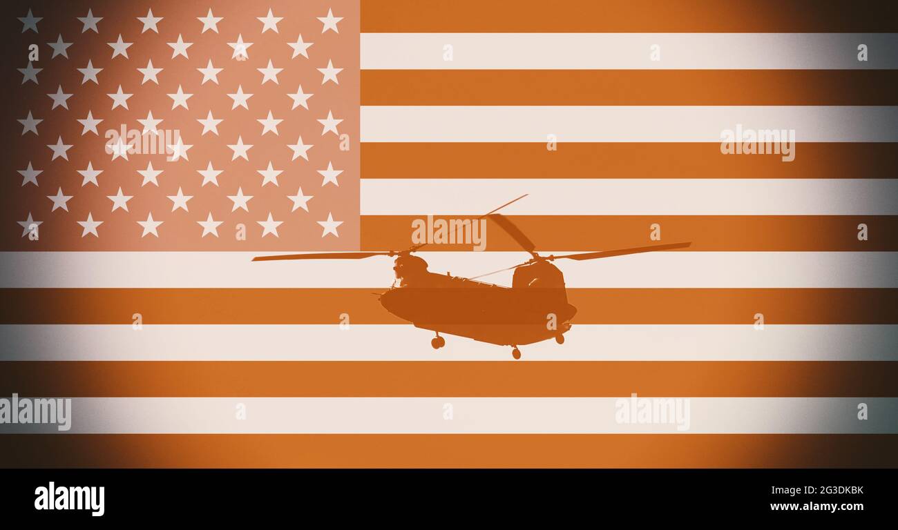 Helicopter Silhouette in the middle of the American Flag . Concept of ...