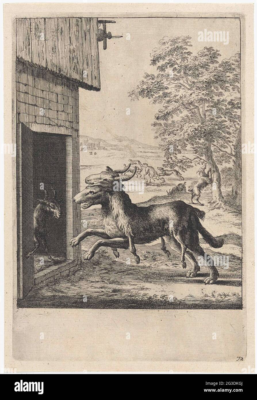 Fabul of the goat and the wolf; Fables of Aesopus. A kid opens the door ...