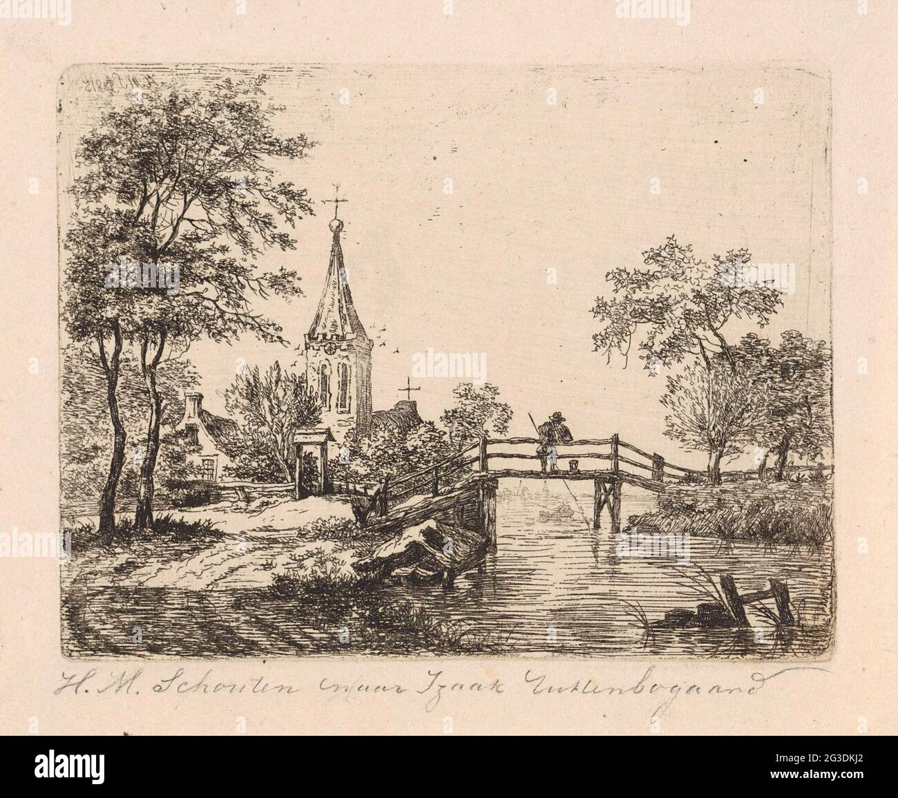 Landscape with fisherman on a bridge; The angler. A man stands on a ...